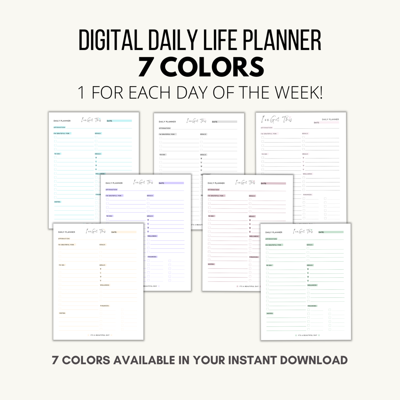 Daily Life Planner Printable - 7 Colors - Grateful Manifesting ...