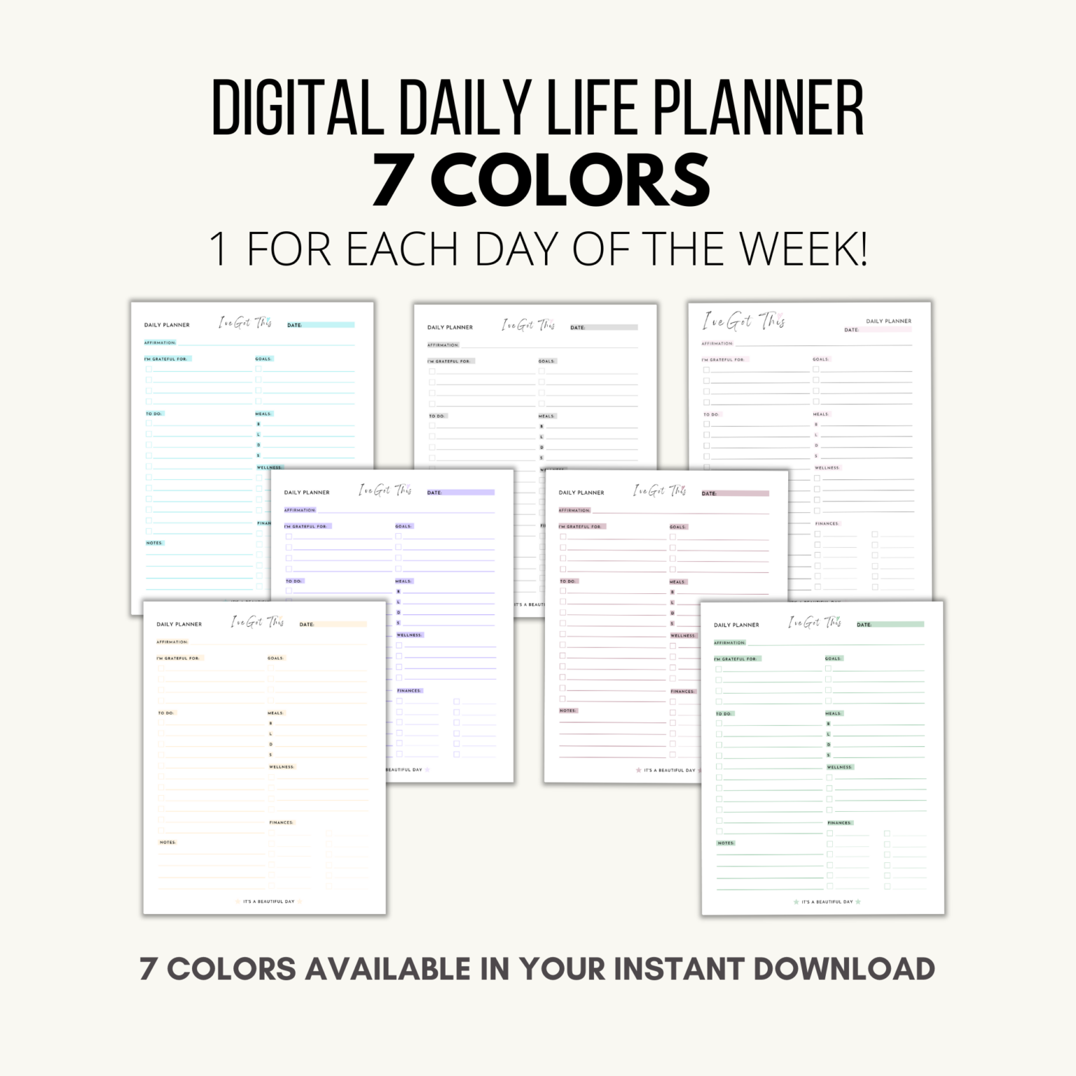 Daily Life Planner Printable - 7 Colors - Grateful Manifesting ...